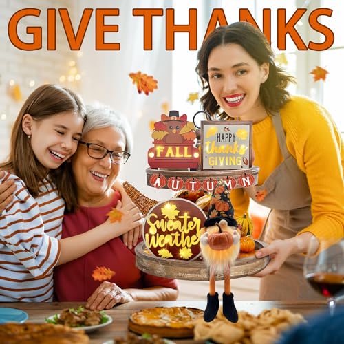 Thanksgiving Tiered Tray Decorations, LED Light Up Thanksgiving Decorations Farmhouse Rustic Wooden Sign Turkey Gnome Fall Decor Warm Thanksgiving Autumn Home Table Kitchen Decorative Tray