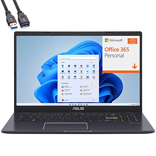 ASUS L510 15.6" Ultra Thin Laptop, Quad-Core Intel Pentium Silver N5030, 4GB DDR4 RAM, 128GB eMMC, 1 Year Office 365, AC WiFi, Bluetooth, USB-C, Black, Windows 11 Pro, BROAG USB Extension Cable