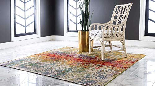 Unique Loom Modern Collection Rustic, Abstract, Distressed, Bright Colors, Indoor and Outdoor Area Rug, 6 ft 0 in x 6 ft 0 in, Multi/Green