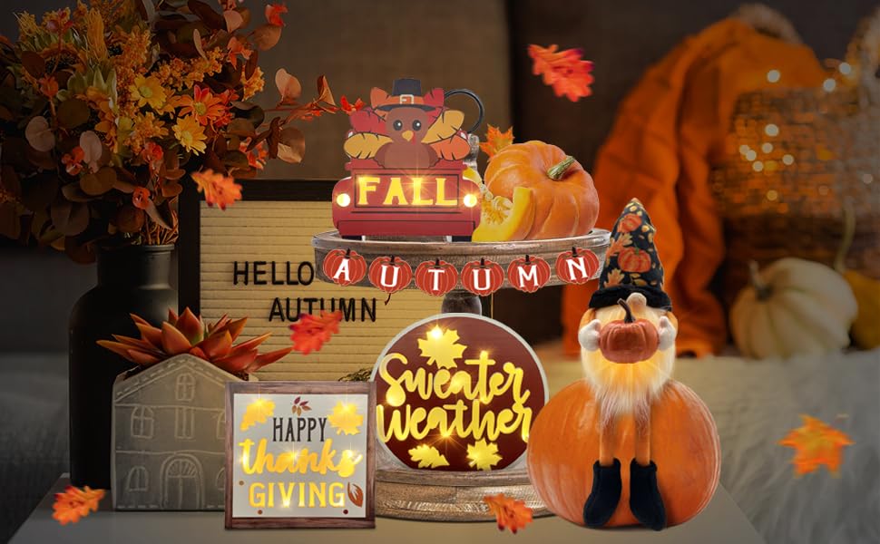 Thanksgiving Tiered Tray Decorations, LED Light Up Thanksgiving Decorations Farmhouse Rustic Wooden Sign Turkey Gnome Fall Decor Warm Thanksgiving Autumn Home Table Kitchen Decorative Tray