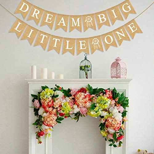 Rainlemon Jute Burlap Dream Big Little One Banner with Dream Catcher Baby Shower 1st Birthday Party Nursery Decoration