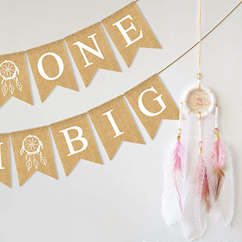 Rainlemon Jute Burlap Dream Big Little One Banner with Dream Catcher Baby Shower 1st Birthday Party Nursery Decoration
