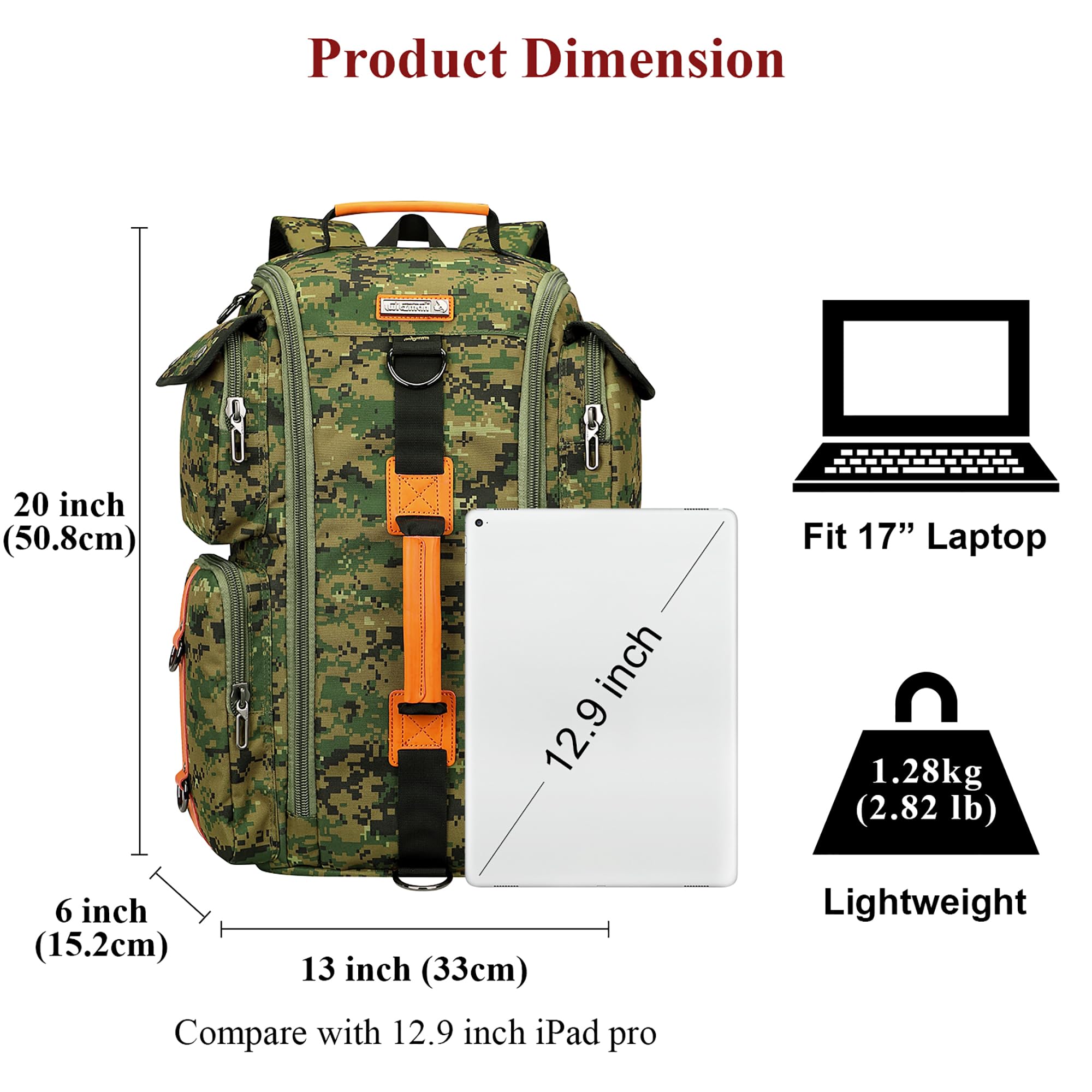 WITZMAN Digital Camo Backpack for Men Carry On Backpack Duffel Bag Large Capacity Laptop Backpack 17 Inch (6695 Camo Green)