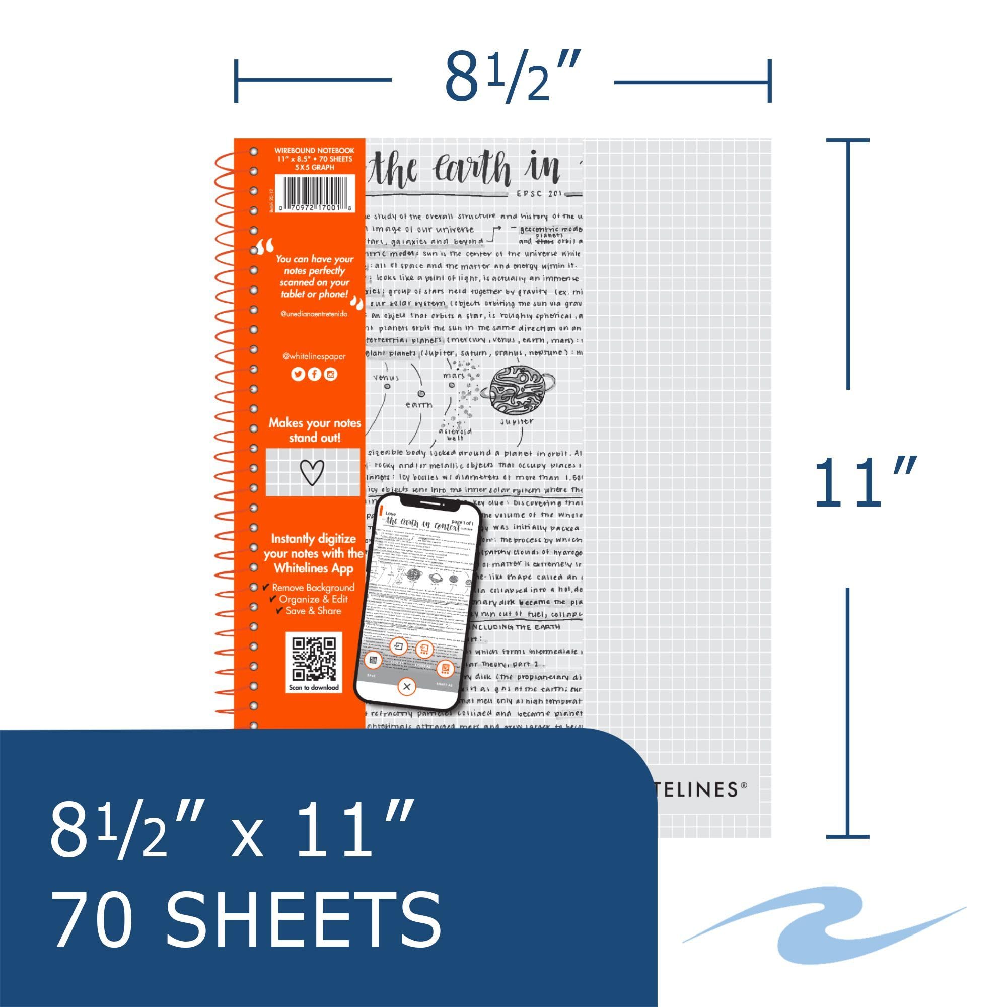 Whitelines Spiral Wire Bound Graph Ruled Notebooks, Premium 20# Gray Paper, 11" x 8.5" 70 Sheets, Makes Your Notes Stand Out and Links Them To The Digital World, Proudly Made in USA (Pack of 12)
