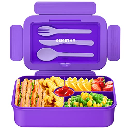KEMETHY Bento Lunch Box for Kids, Purple, 4 Compartment Leakproof Lunch Box with Built-in Utensils, Microwave/Dishwasher/Freezer Safe, BPA-Free and Reusable