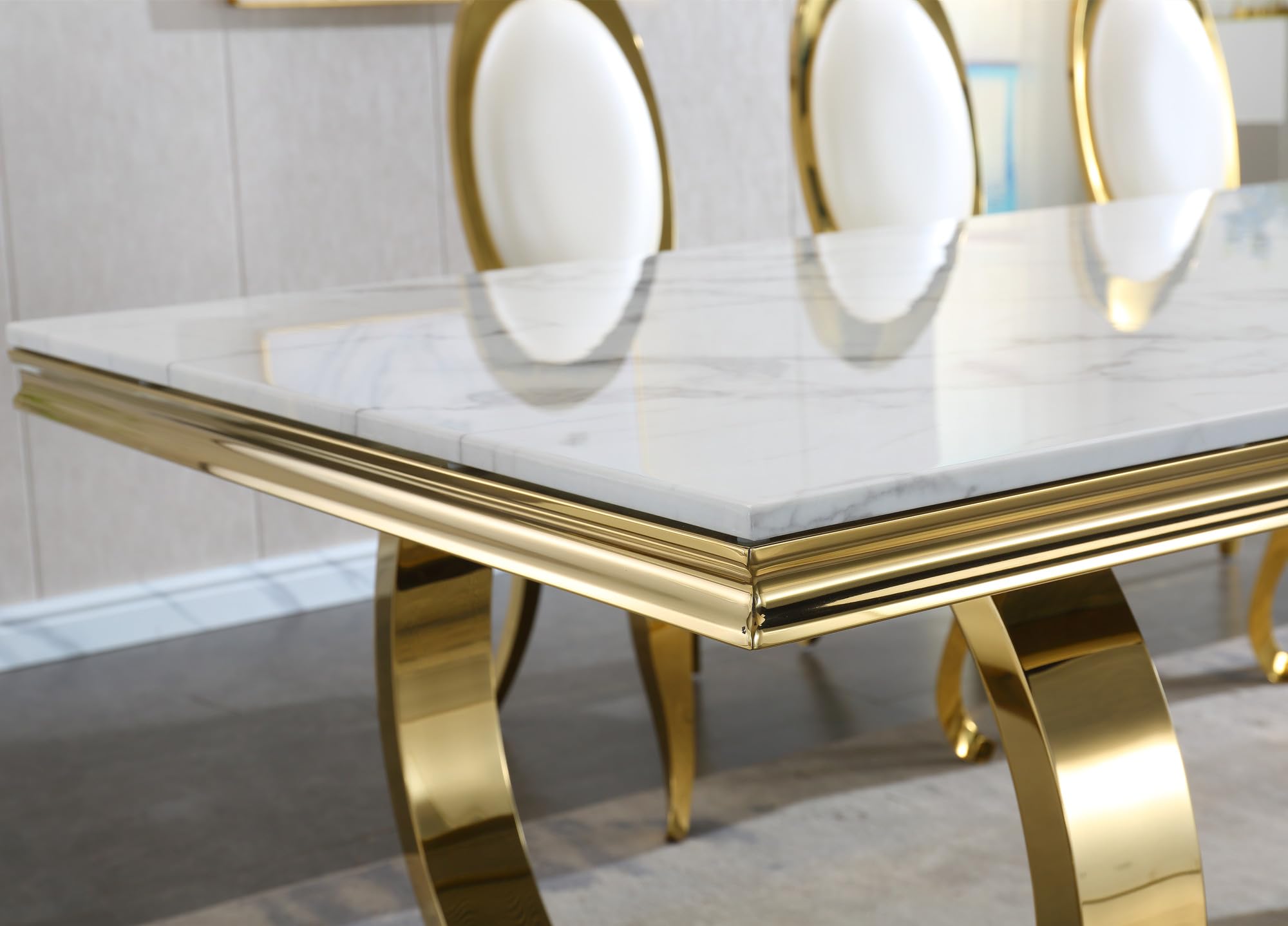 SSLine Modern White Marble Dining Table for 6-8 Rectangle 70" Faux Marble Kitchen Table for 6 Luxury Dining Room Table with Gold Mirrored Stainless Steel U Shape Pedestal Base for Home Office