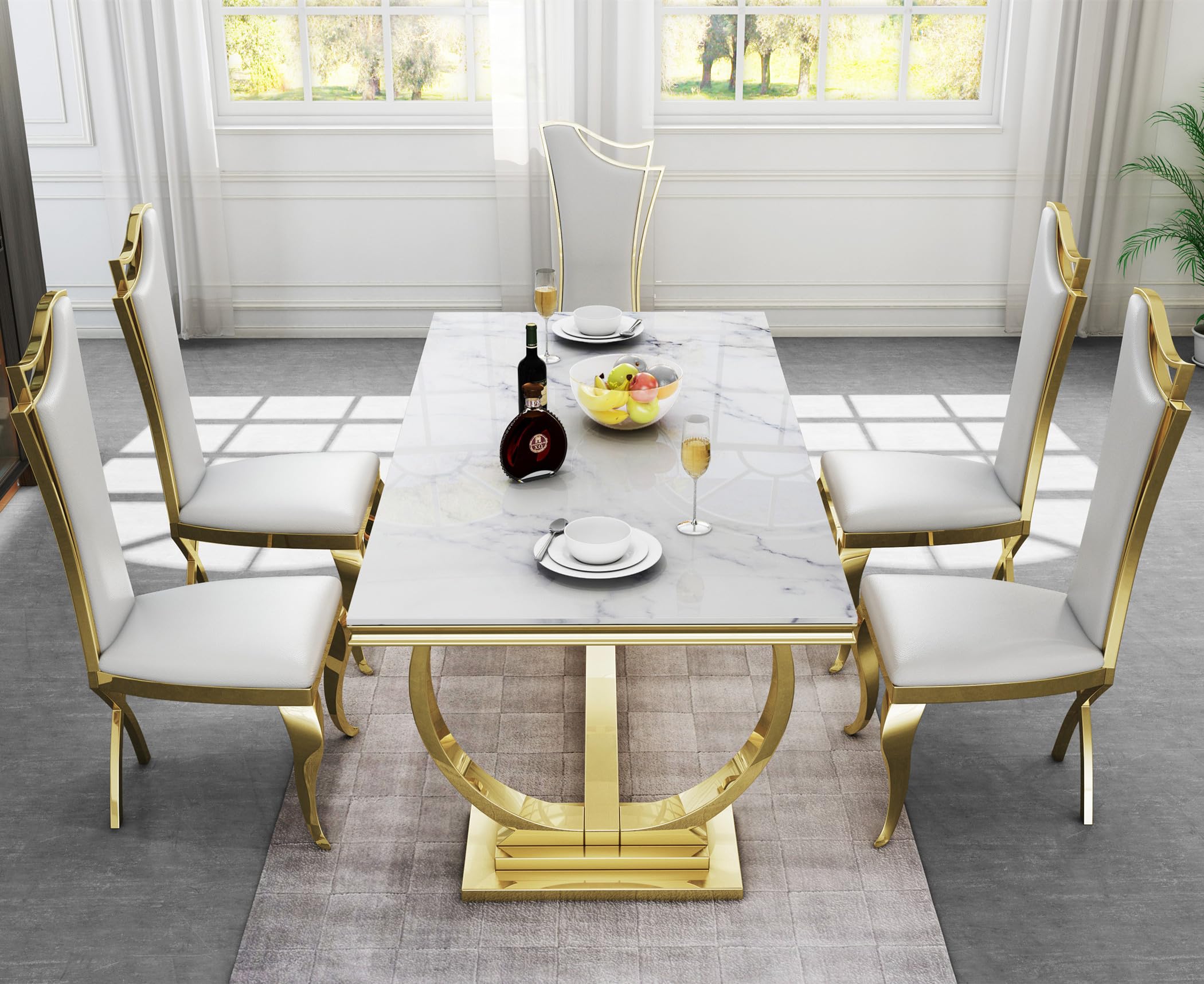 SSLine Modern White Marble Dining Table for 6-8 Rectangle 70" Faux Marble Kitchen Table for 6 Luxury Dining Room Table with Gold Mirrored Stainless Steel U Shape Pedestal Base for Home Office