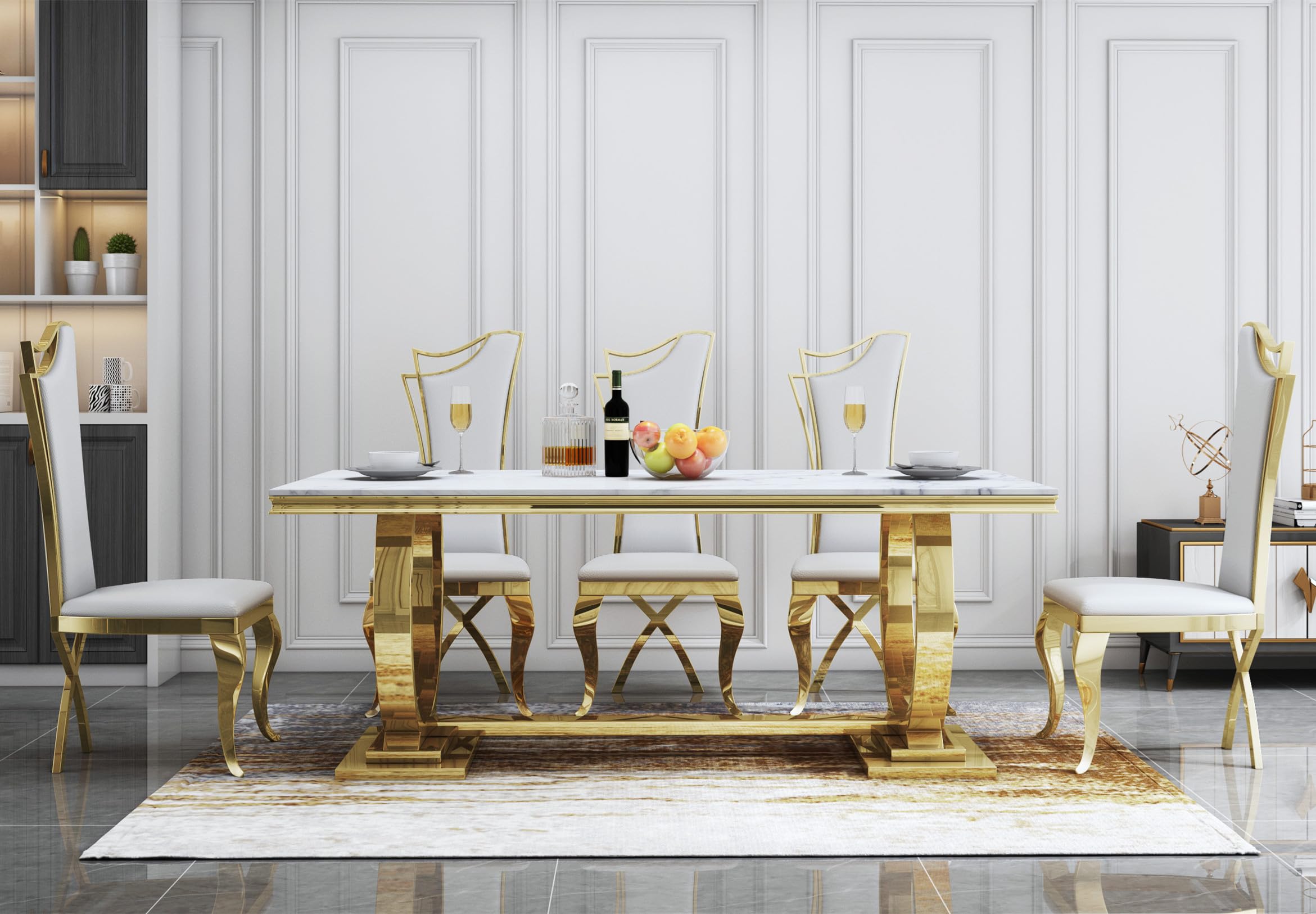 SSLine Modern White Marble Dining Table for 6-8 Rectangle 70" Faux Marble Kitchen Table for 6 Luxury Dining Room Table with Gold Mirrored Stainless Steel U Shape Pedestal Base for Home Office