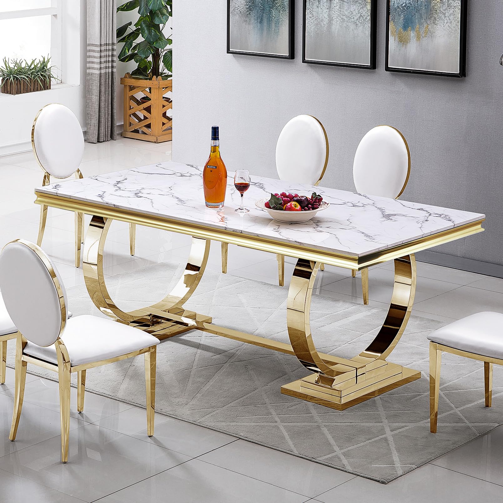 SSLine Modern White Marble Dining Table for 6-8 Rectangle 70" Faux Marble Kitchen Table for 6 Luxury Dining Room Table with Gold Mirrored Stainless Steel U Shape Pedestal Base for Home Office