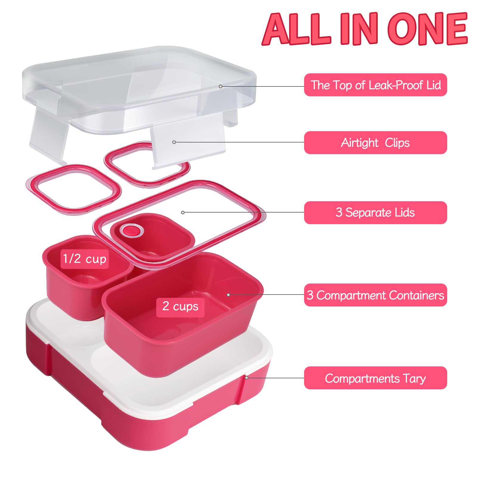 Genteen 2 Packs Bento Box for Kids, Kids Lunch Box with 3 Removable Compartments, Toddler Lunch Box for Daycare, School, BPA-Free Lunch-Box Snack Portion Container (Dark Pink + Purple)