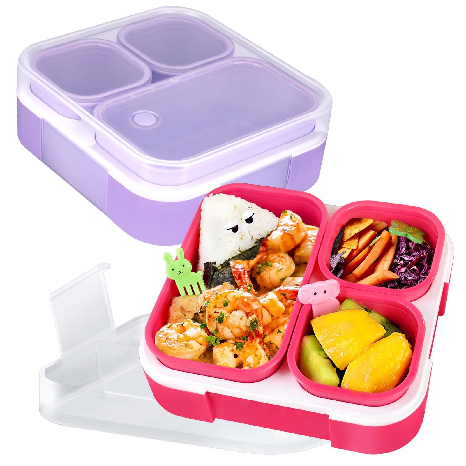 Genteen 2 Packs Bento Box for Kids, Kids Lunch Box with 3 Removable Compartments, Toddler Lunch Box for Daycare, School, BPA-Free Lunch-Box Snack Portion Container (Dark Pink + Purple)