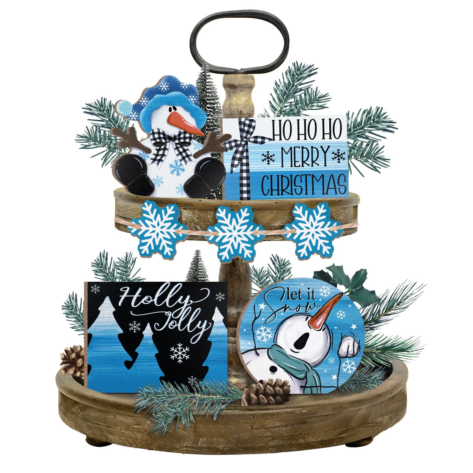 Guoofu Winter Tiered Tray Decor, Christmas Farmhouse Snowman Tray Decorations, Holly Jolly Snowflake Wonderland Wooden Signs, Xmas Holiday Rustic Home Decor for Tabletop Shelf Mantel Party