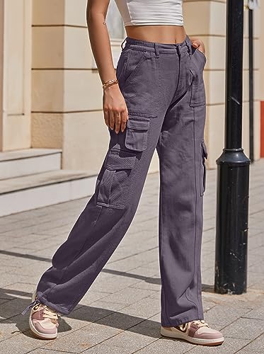 Hiistandd Women's High Waisted Cargo Pants Cotton Wide Leg Casual Pants Combat Military Work Trouser(Dark Gray,S)