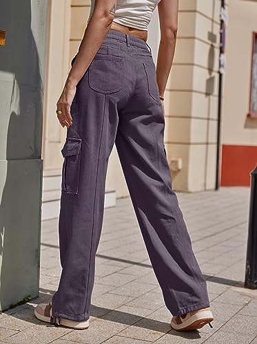 Hiistandd Women's High Waisted Cargo Pants Cotton Wide Leg Casual Pants Combat Military Work Trouser(Dark Gray,S)