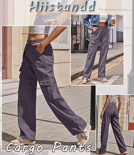 Hiistandd Women's High Waisted Cargo Pants Cotton Wide Leg Casual Pants Combat Military Work Trouser(Dark Gray,S)