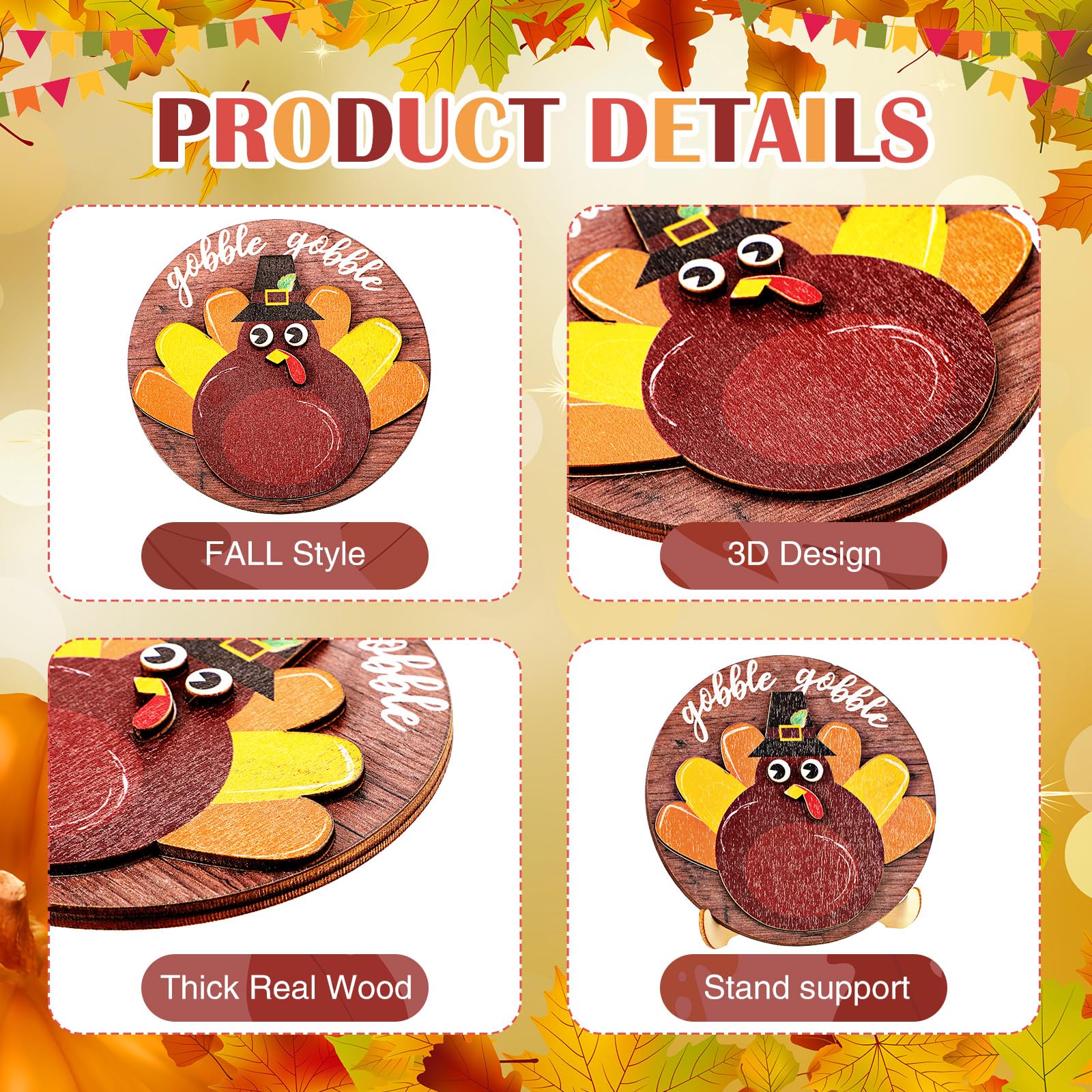Fall Tiered Tray Decor Wooden Thanksgiving Tray Signs Rustic Farmhouse Pumpkin Maple Leaf Turkey Table Decor with Base Wood Frame for Autumn Thanksgiving Harvest Home Kitchen Decorations (Turkey)