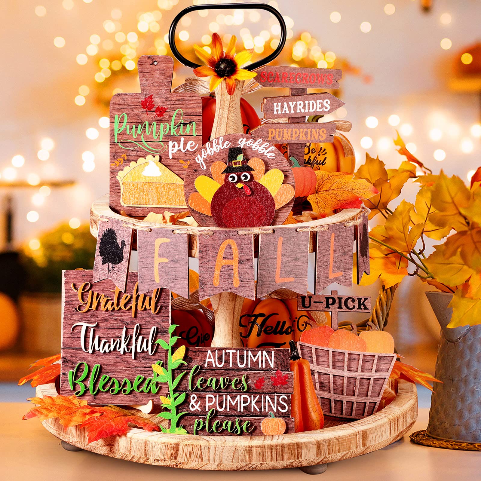 Fall Tiered Tray Decor Wooden Thanksgiving Tray Signs Rustic Farmhouse Pumpkin Maple Leaf Turkey Table Decor with Base Wood Frame for Autumn Thanksgiving Harvest Home Kitchen Decorations (Turkey)