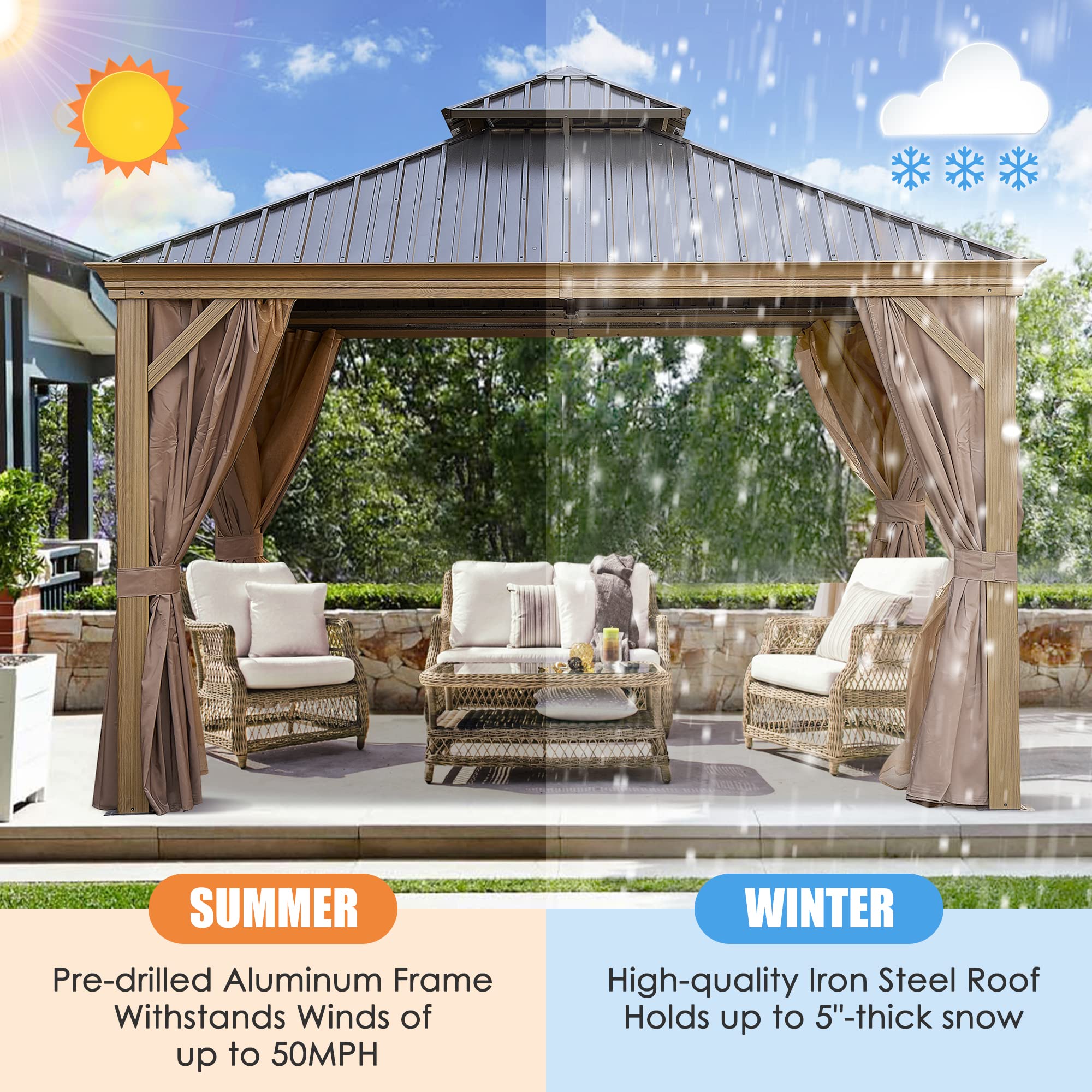 Outdoor Permanent Hardtop Gazebo Canopy for Patio, Garden, Backyard - 12x12FT Alu Gazebo with Steel Canopy and Vented Double Roof Design