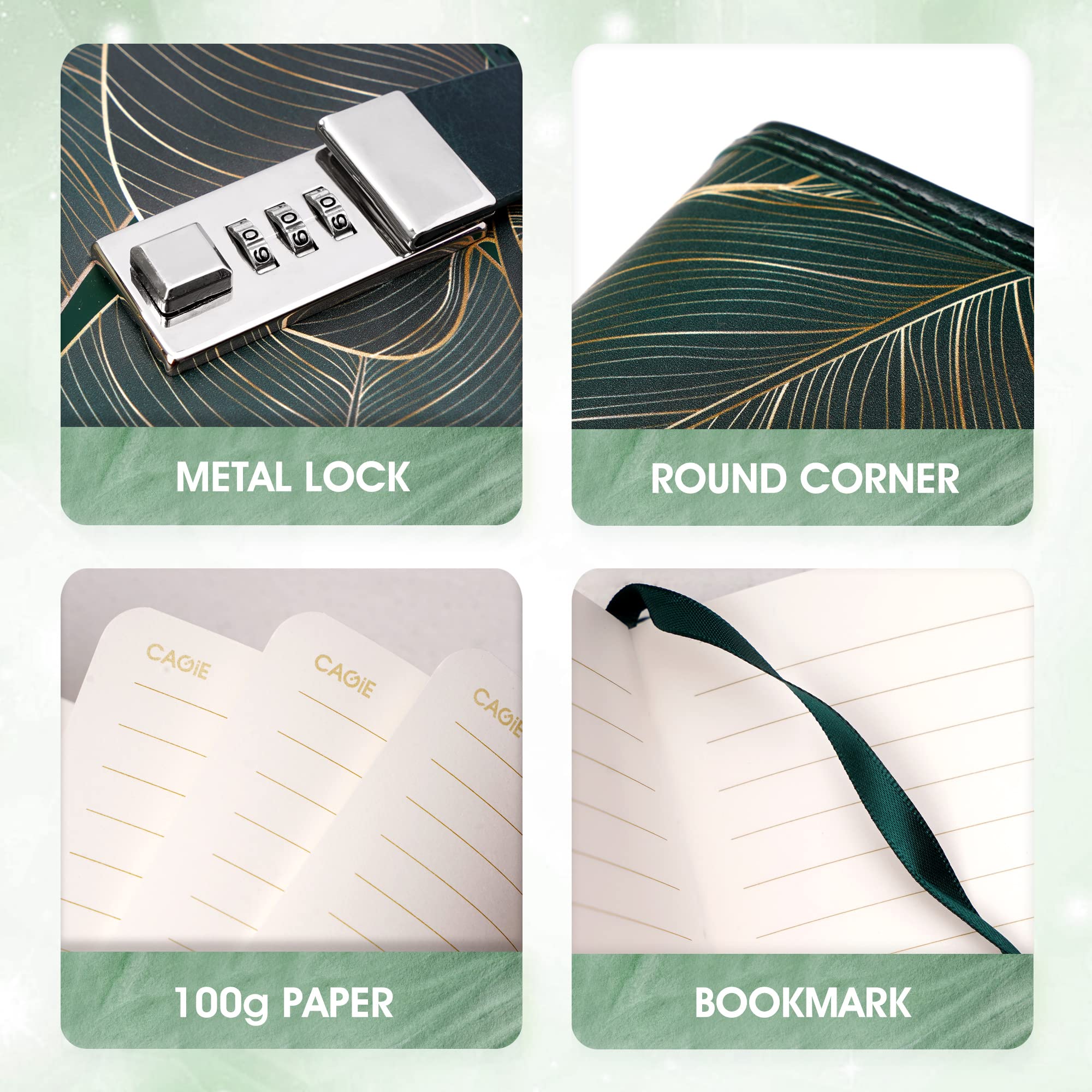 CAGIE Journal with Lock Combination Digital 224 Pages Lockable Secrets Diary, Printed Leaves Design Locking Journal for Adults, 5.1 x 7.4 Inch, Green