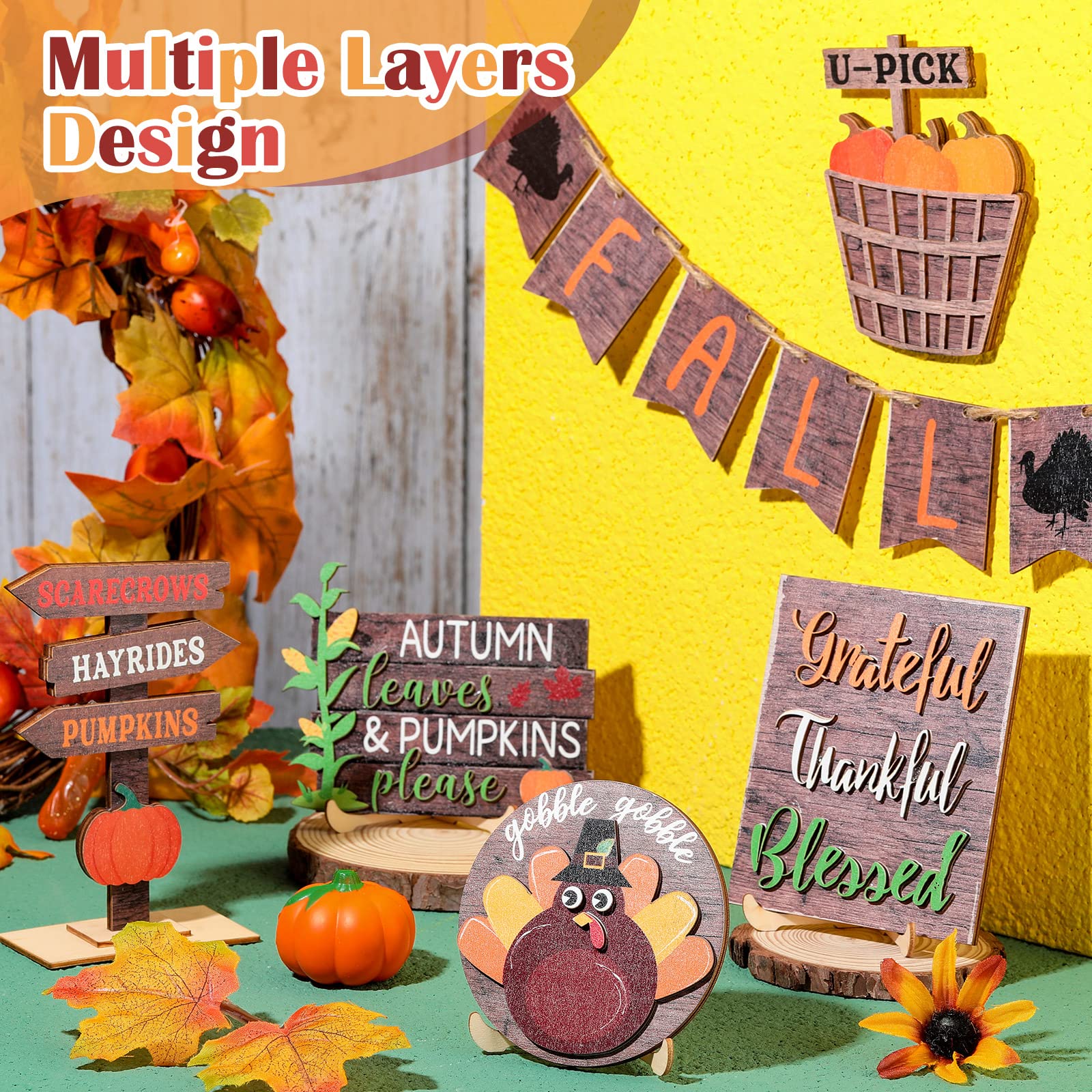 Fall Tiered Tray Decor Wooden Thanksgiving Tray Signs Rustic Farmhouse Pumpkin Maple Leaf Turkey Table Decor with Base Wood Frame for Autumn Thanksgiving Harvest Home Kitchen Decorations (Turkey)