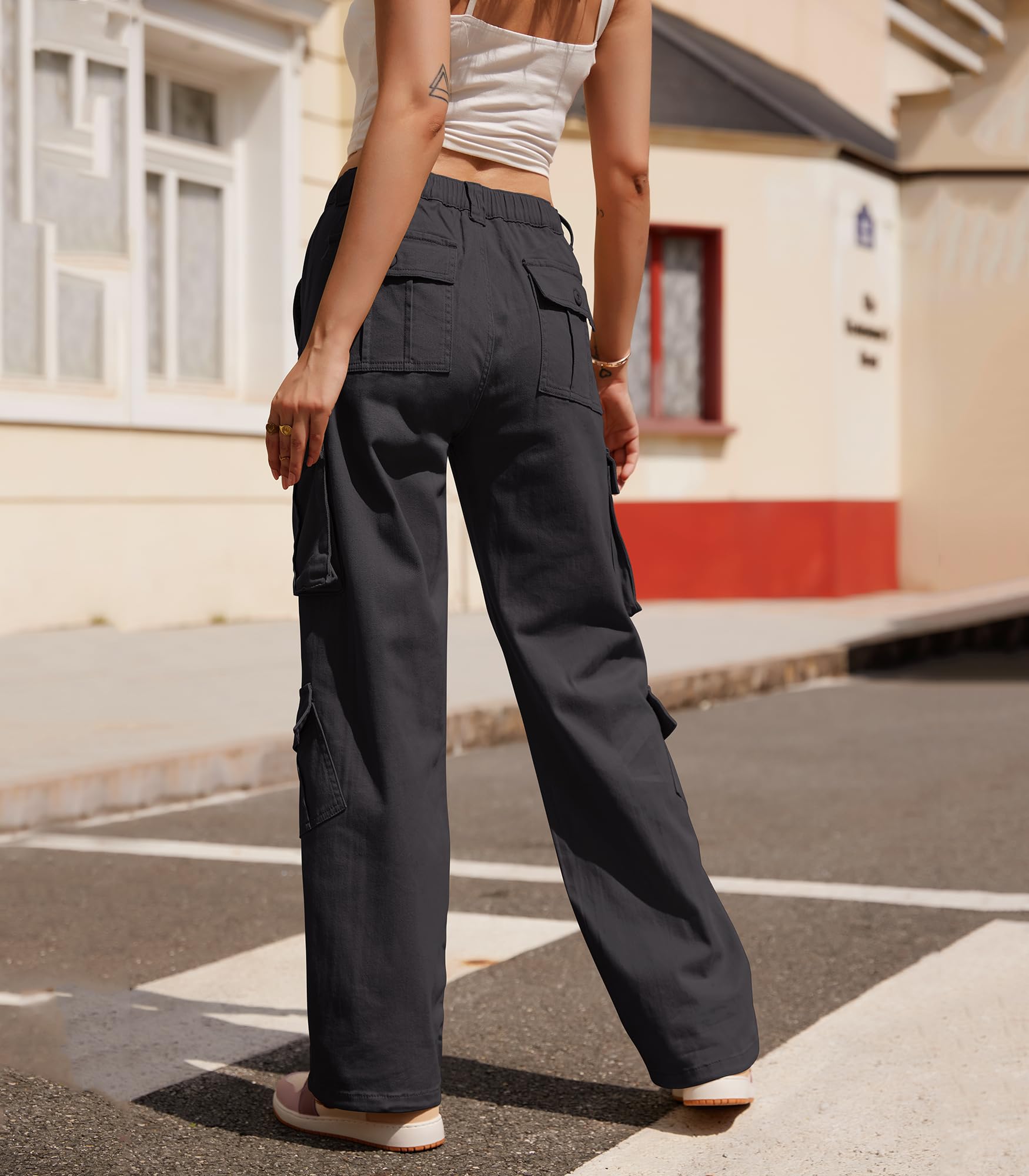 ZMPSIISA Women Pants High Waisted Cargo Pants Combat Military Wide Leg Casual Trousers 8 Pockets(Gray,Large)