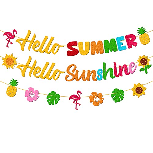Hello Summer Hello Sunshine Banner for Summer Hawaiian Tropical Flamingo Pineapple Sunflower Beach Theme Holiday Happy Birthday Wedding Bachelorette Engagement Bridal Shower Party Supplies Glitter Decorations