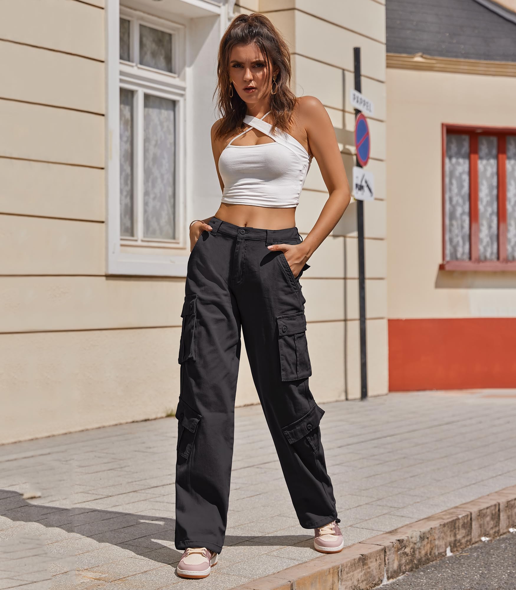 ZMPSIISA Women Pants High Waisted Cargo Pants Combat Military Wide Leg Casual Trousers 8 Pockets(Gray,Large)