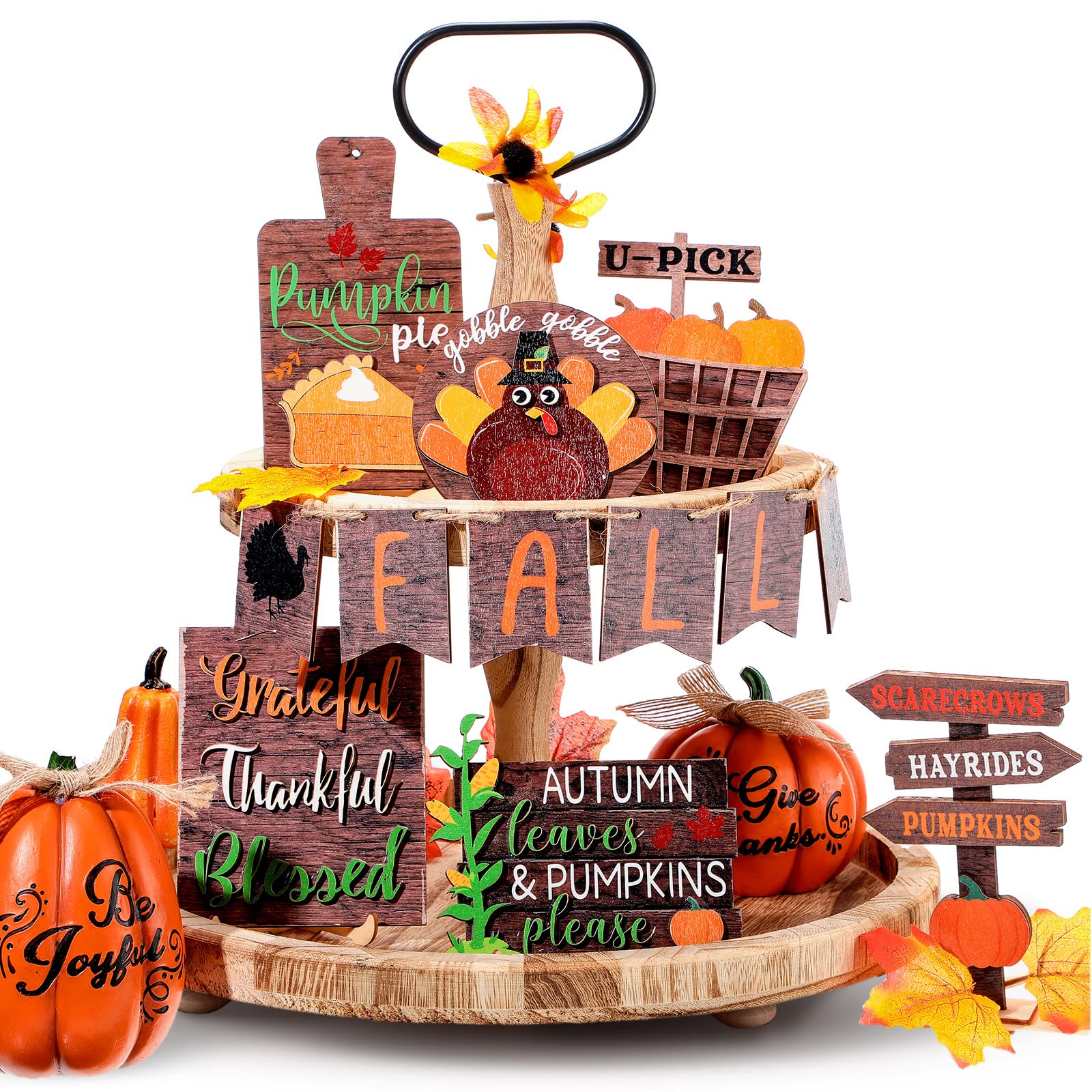 Fall Tiered Tray Decor Wooden Thanksgiving Tray Signs Rustic Farmhouse Pumpkin Maple Leaf Turkey Table Decor with Base Wood Frame for Autumn Thanksgiving Harvest Home Kitchen Decorations (Turkey)