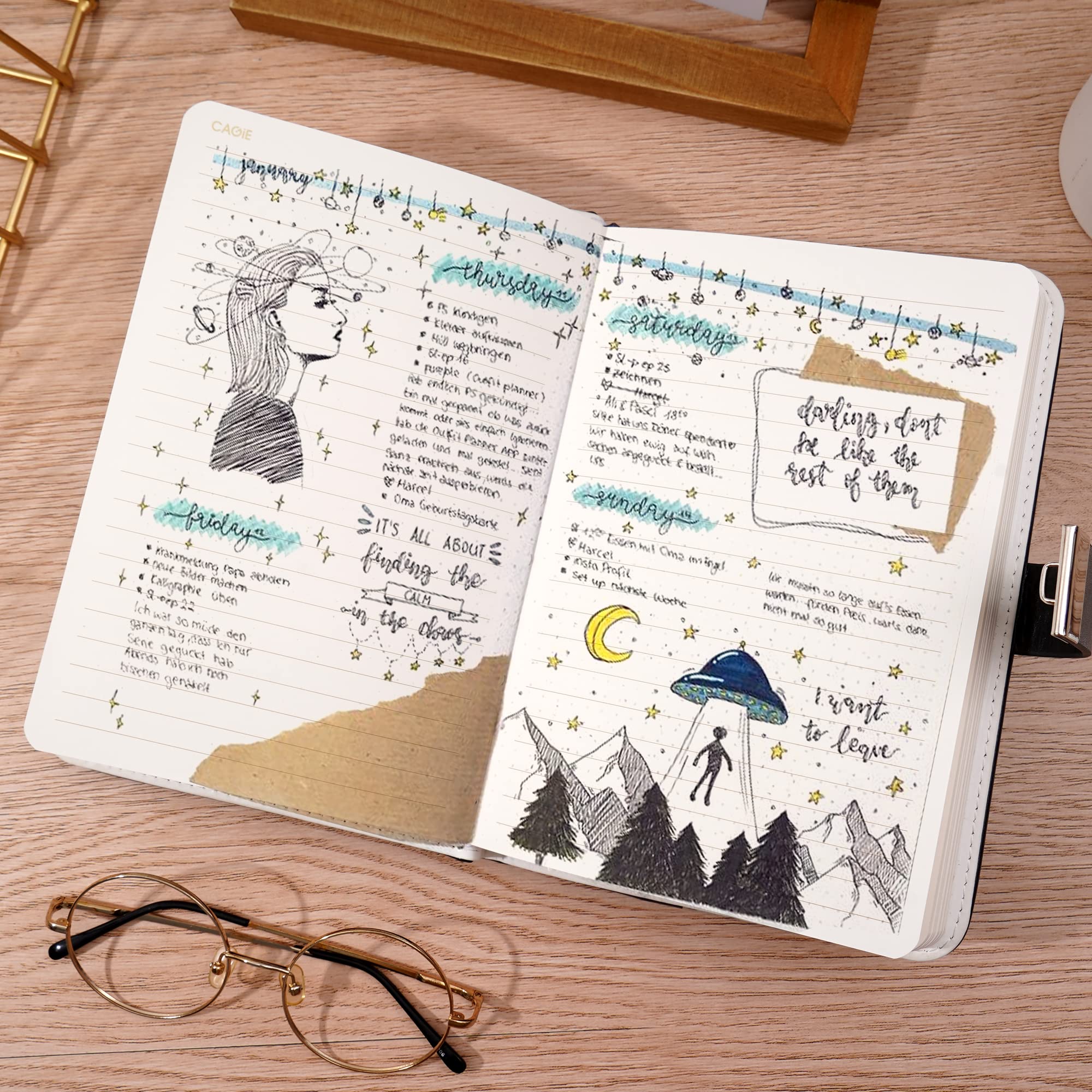 CAGIE Journal with Lock Combination Digital 224 Pages Lockable Secrets Diary, Printed Leaves Design Locking Journal for Adults, 5.1 x 7.4 Inch, Green
