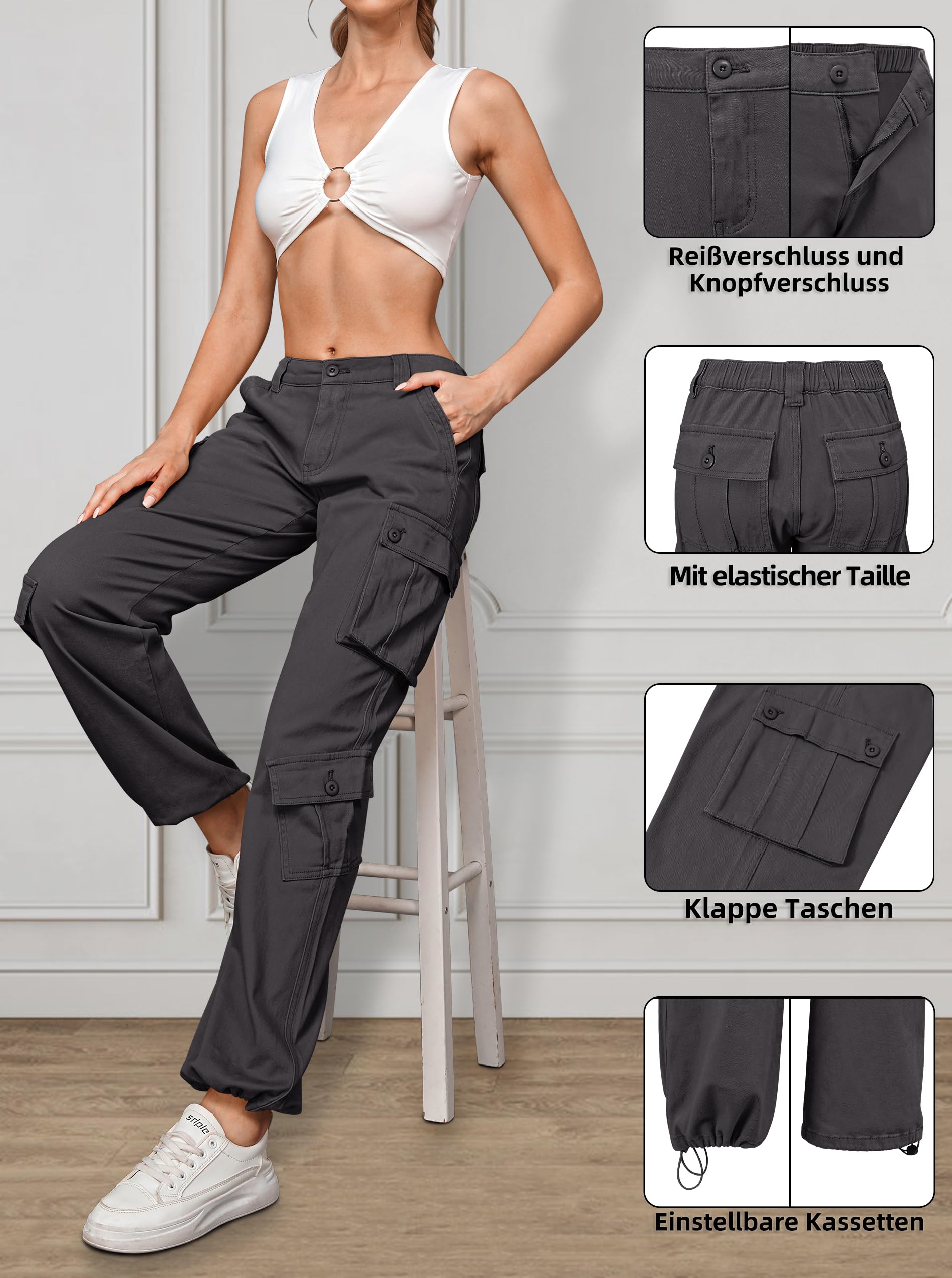 ZMPSIISA Women Pants High Waisted Cargo Pants Combat Military Wide Leg Casual Trousers 8 Pockets(Gray,Large)