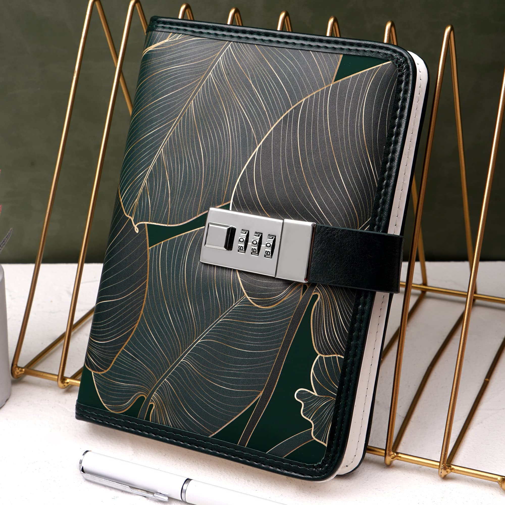 CAGIE Journal with Lock Combination Digital 224 Pages Lockable Secrets Diary, Printed Leaves Design Locking Journal for Adults, 5.1 x 7.4 Inch, Green