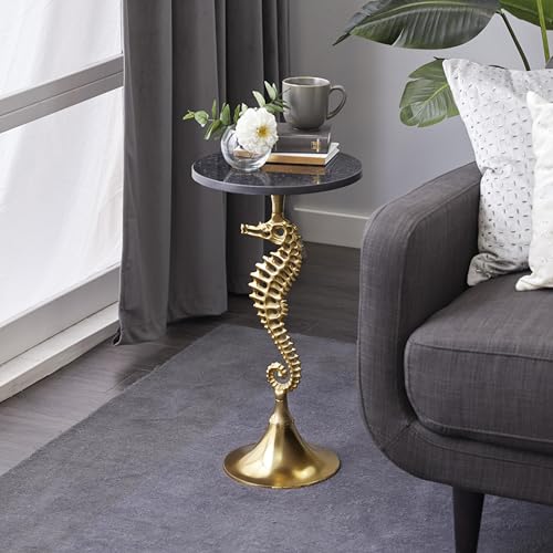 Deco 79 Aluminum Metal Sea Horse Side End Accent Table End Table with Black Marble Table Top, Side Table 13" x 13" x 25", Gold