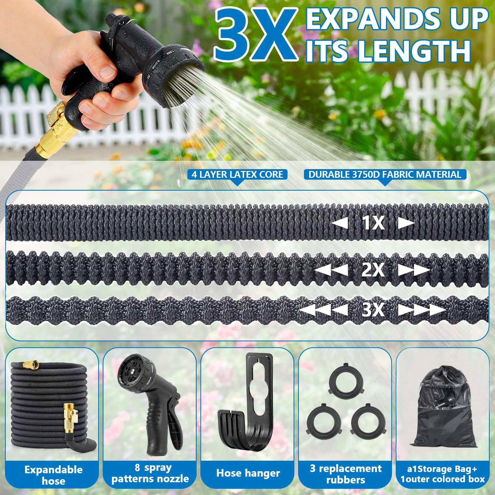 Expandable Garden Hose 100ft, No-Kink Expanding Flexible Water Hose, 3/4" Solid Fittings - Extra Strength Fabric