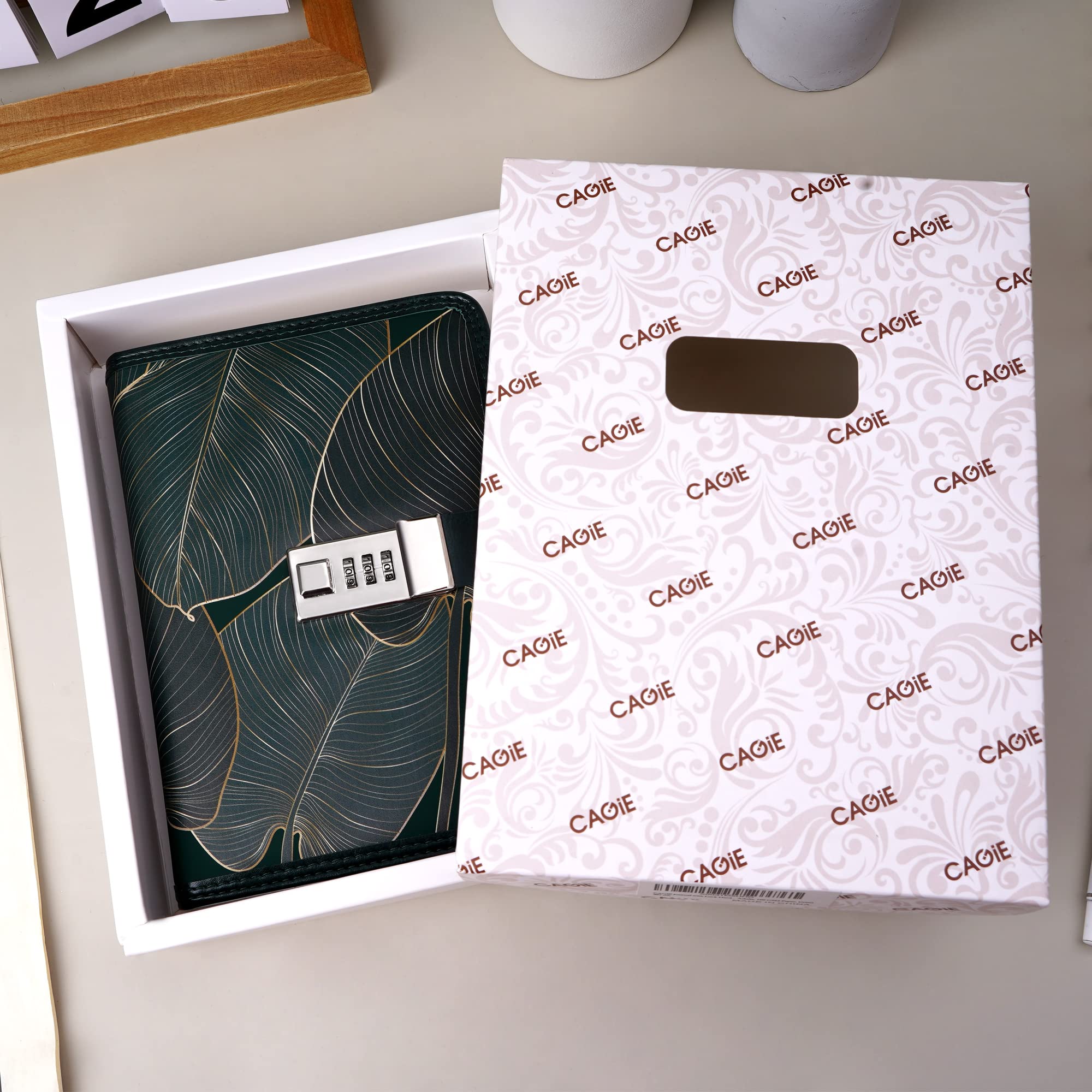 CAGIE Journal with Lock Combination Digital 224 Pages Lockable Secrets Diary, Printed Leaves Design Locking Journal for Adults, 5.1 x 7.4 Inch, Green