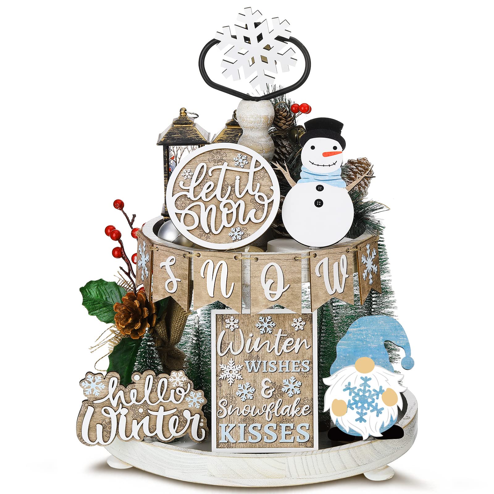 Qunclay Christmas Winter Tiered Tray Decor Wooden Signs Snowman Snowflake Wood Blocks Winter Farm Directional Sign Rustic Tabletop Signs Farmhouse Tiered Tray Decorations(Snowman Style, 12 Pcs)
