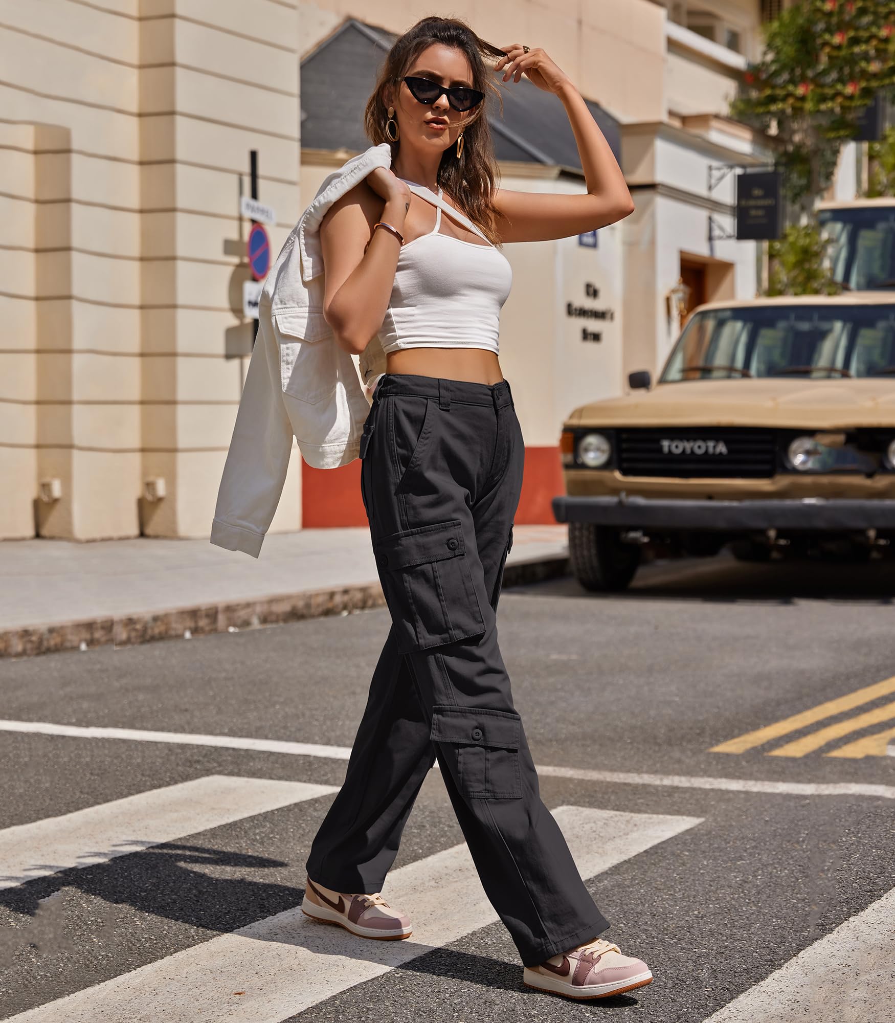 ZMPSIISA Women Pants High Waisted Cargo Pants Combat Military Wide Leg Casual Trousers 8 Pockets(Gray,Large)