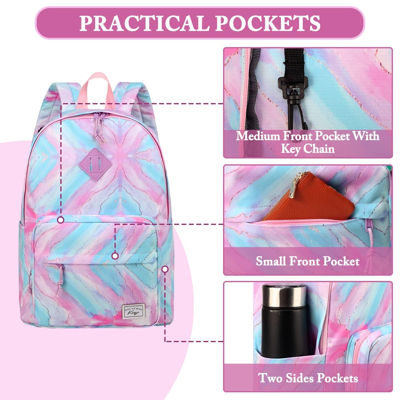 Kasqo School Backpack, 15.6 Inch Classic Lightweight Water-Resistant Backpack Bookbag Daypack for Women Teens Girls Kids College, Travel, Work, Multicolour