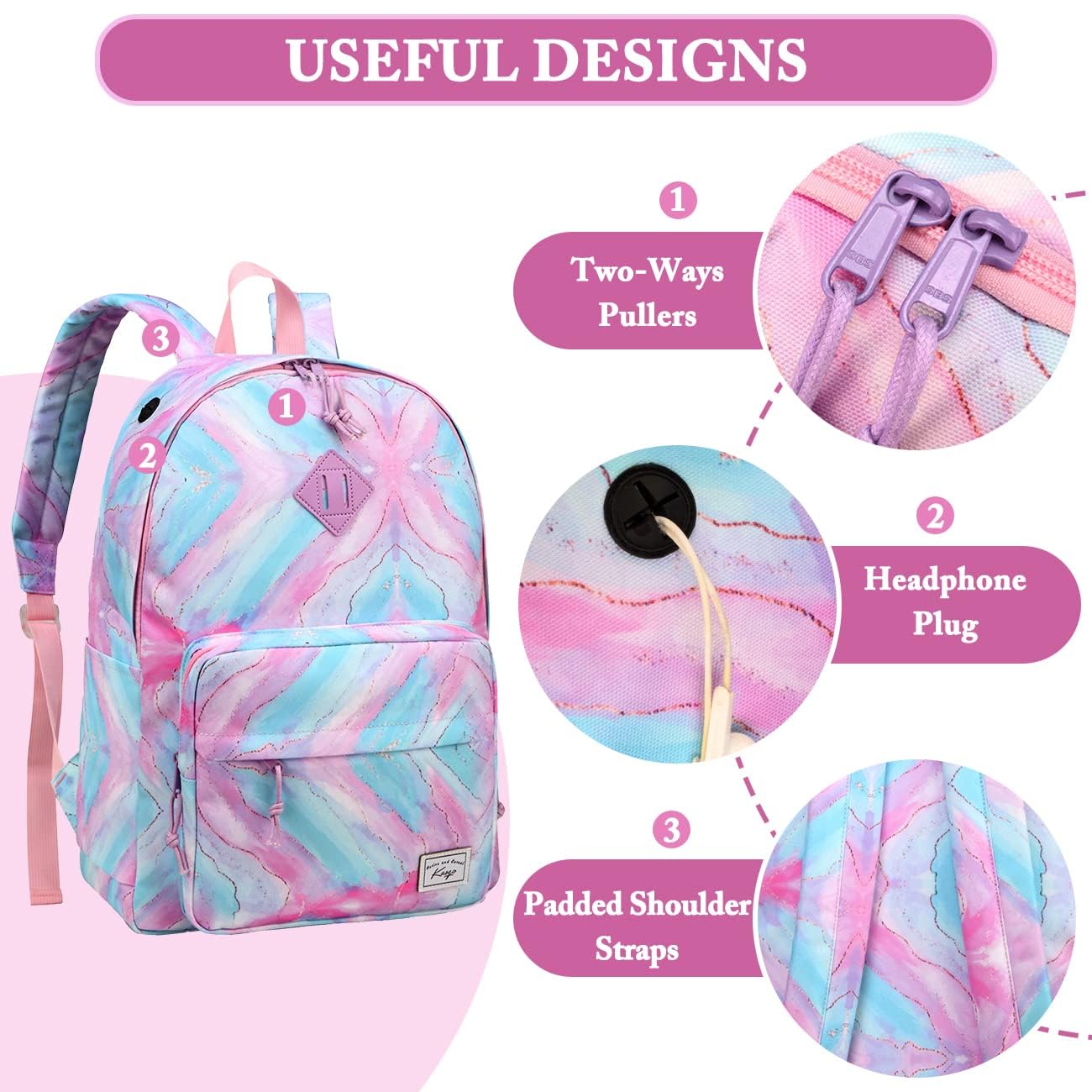 Kasqo School Backpack, 15.6 Inch Classic Lightweight Water-Resistant Backpack Bookbag Daypack for Women Teens Girls Kids College, Travel, Work, Multicolour