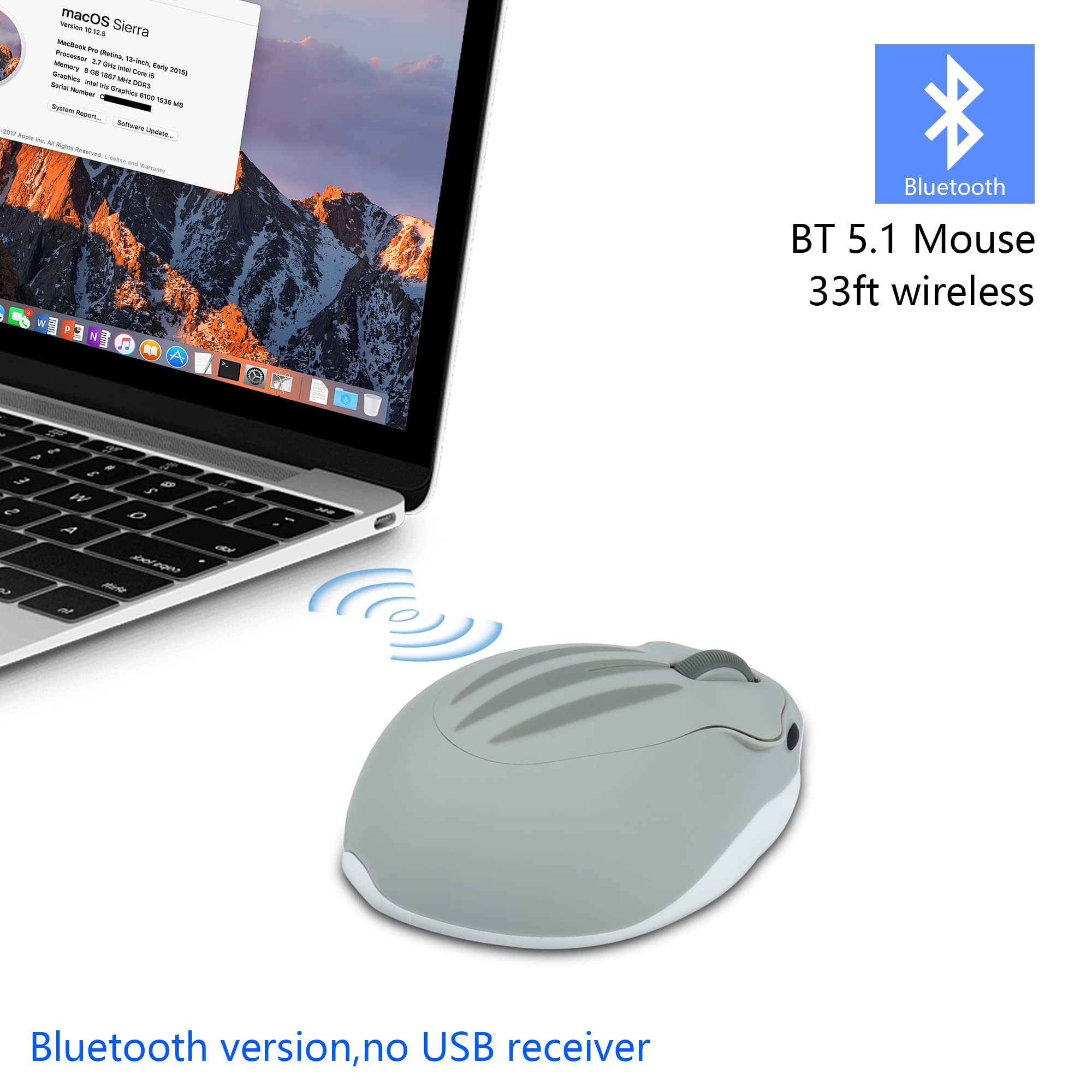 Wireless Mouse Bluetooth Mouse Gery Cute Cartoon Animal Hamster Shape Wireless Mouse Silent Portable Cordless Mouse 1200DPI Mouse for PC,Mac,Laptop,Computer,Chromebook,iPhone,Tablet (No USB Receiver)