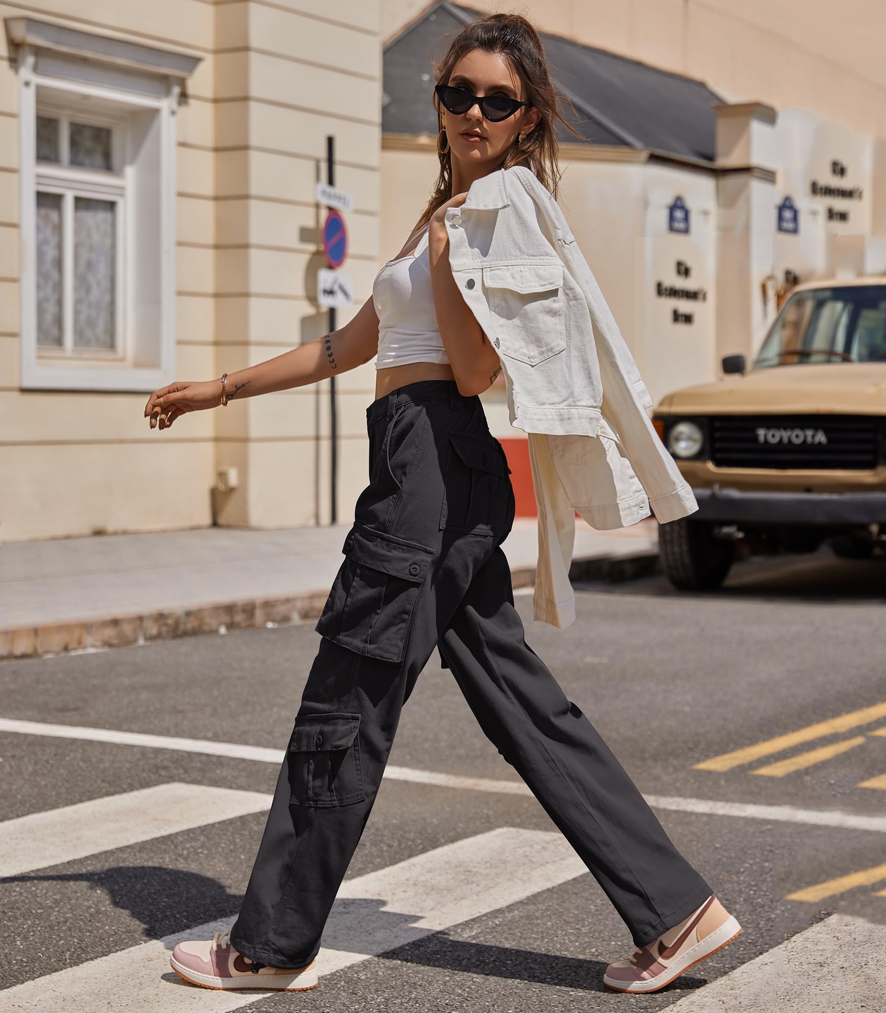 ZMPSIISA Women Pants High Waisted Cargo Pants Combat Military Wide Leg Casual Trousers 8 Pockets(Gray,Large)