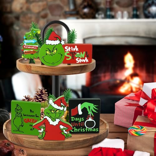 Christmas Tiered Tray Decor Green Tiered Tray Decoration Christmas Tree Wooden Signs Decorations for Farmhouse Home Tabletop Shelf