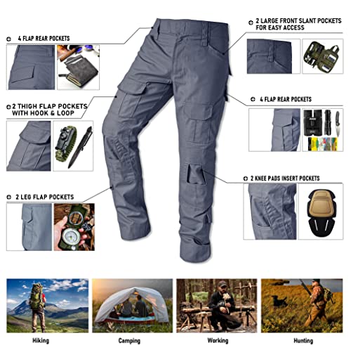 OCANXUE Tactical Pants Camo Cargo Pants for Men Outdoor Hiking Pants Ripstop Work Pants Multi Pocket Pants No Belt No Knee Pads Gray 34