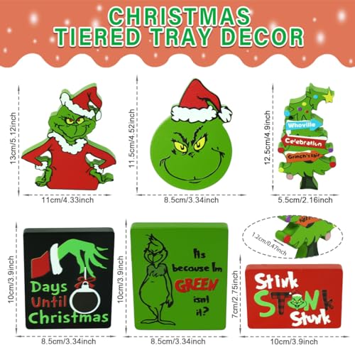 Christmas Tiered Tray Decor Green Tiered Tray Decoration Christmas Tree Wooden Signs Decorations for Farmhouse Home Tabletop Shelf