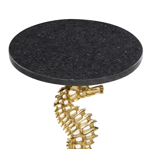 Deco 79 Aluminum Metal Sea Horse Side End Accent Table End Table with Black Marble Table Top, Side Table 13" x 13" x 25", Gold