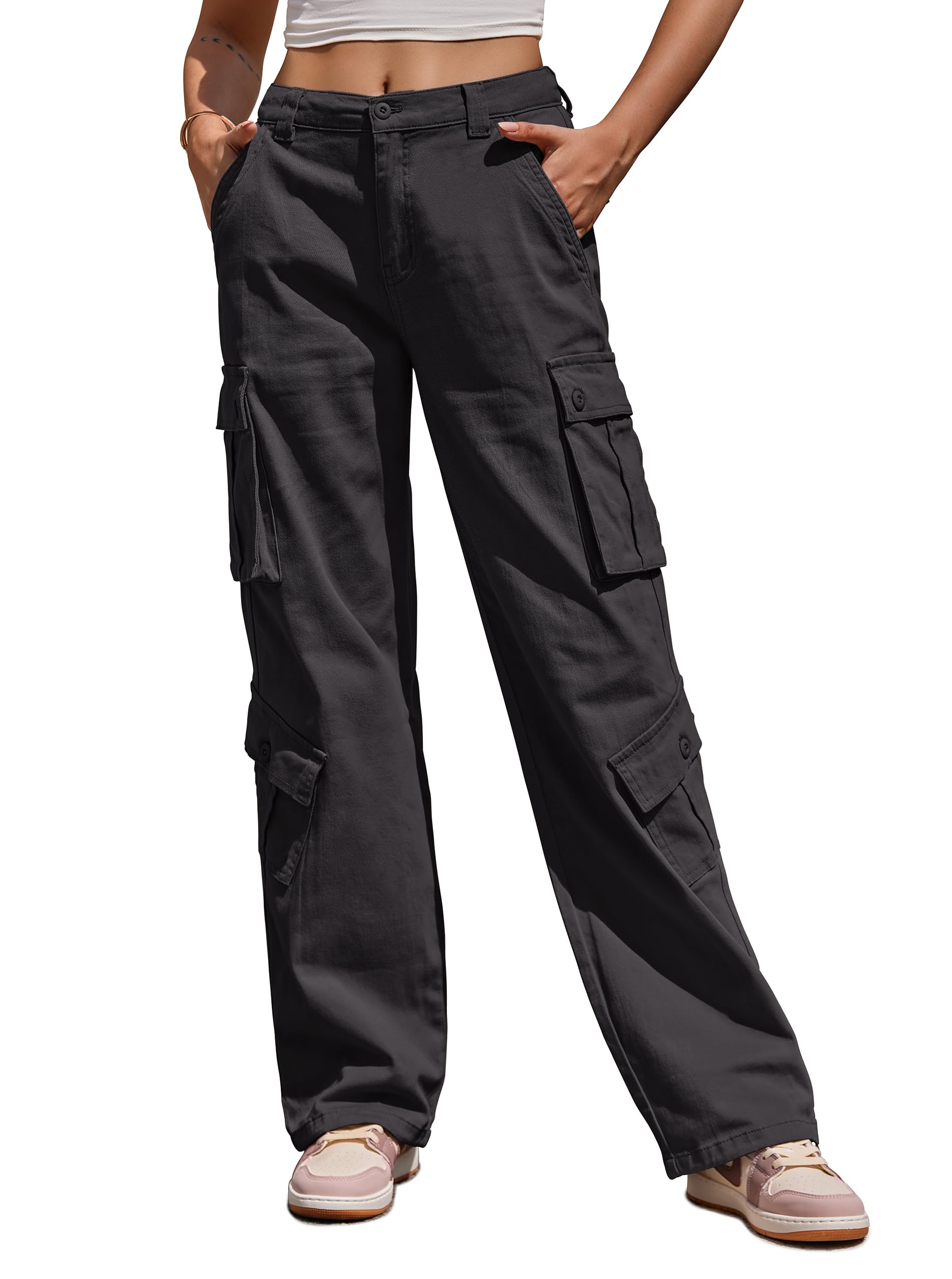 ZMPSIISA Women Pants High Waisted Cargo Pants Combat Military Wide Leg Casual Trousers 8 Pockets(Gray,Large)
