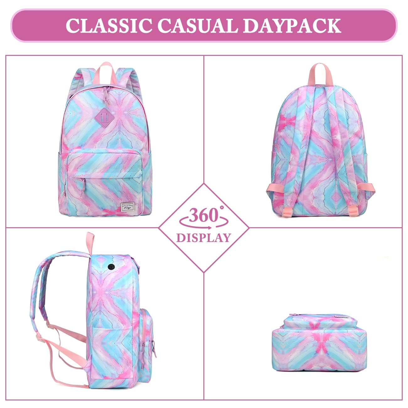 Kasqo School Backpack, 15.6 Inch Classic Lightweight Water-Resistant Backpack Bookbag Daypack for Women Teens Girls Kids College, Travel, Work, Multicolour
