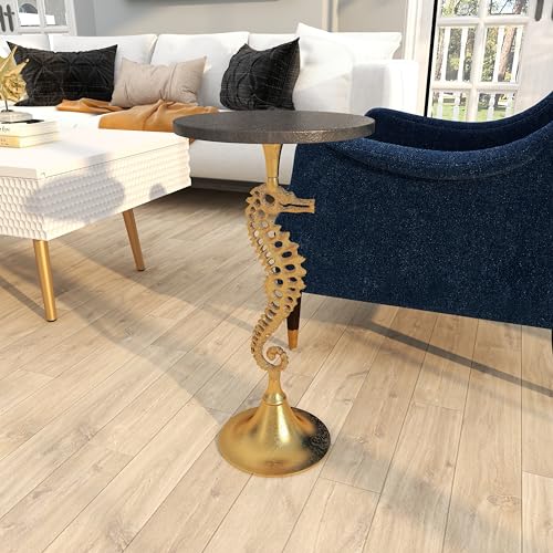 Deco 79 Aluminum Metal Sea Horse Side End Accent Table End Table with Black Marble Table Top, Side Table 13" x 13" x 25", Gold