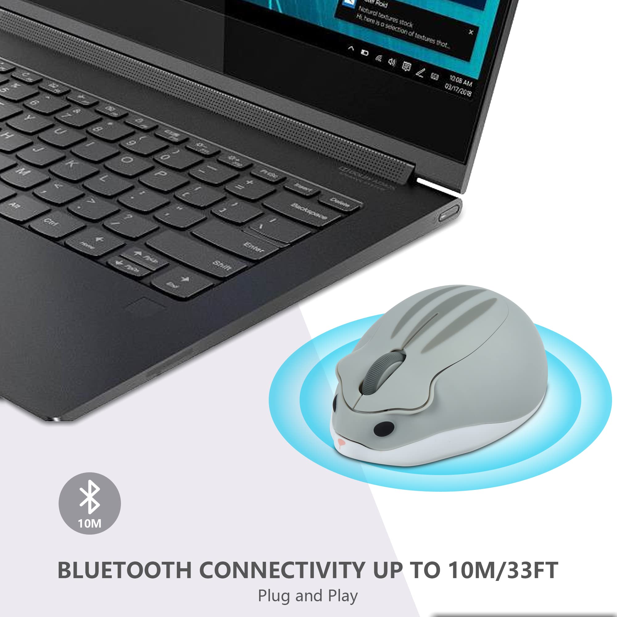 Wireless Mouse Bluetooth Mouse Gery Cute Cartoon Animal Hamster Shape Wireless Mouse Silent Portable Cordless Mouse 1200DPI Mouse for PC,Mac,Laptop,Computer,Chromebook,iPhone,Tablet (No USB Receiver)