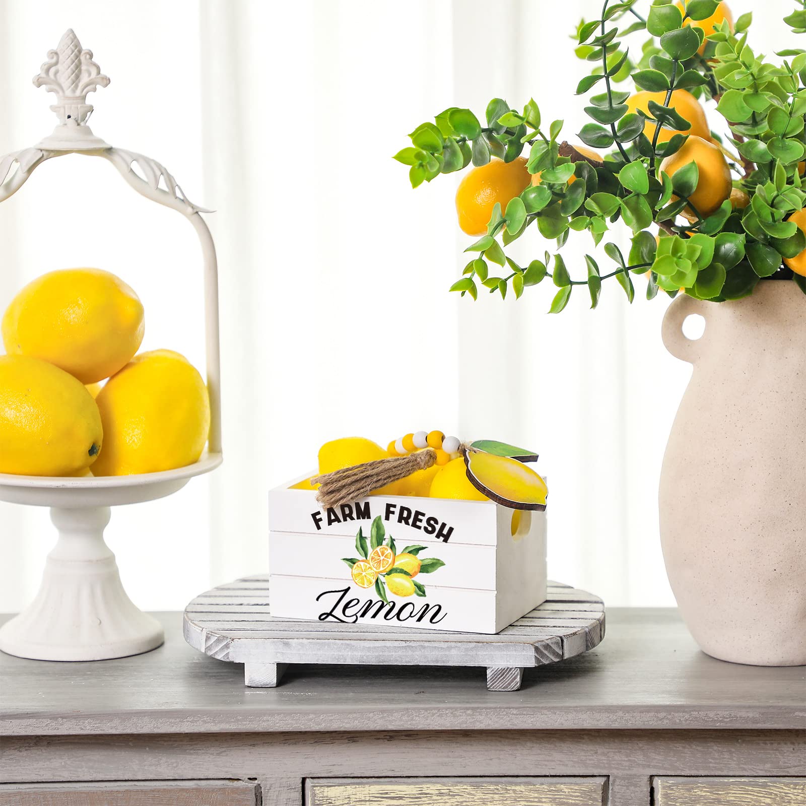 Qunclay Lemon Mini Crate Summer Tiered Tray Decor with 8 Faux Lemons with Wood Bead Tassel Farmhouse Lemonade Kitchen Decorations Summertime Wood Crate for Party Decor