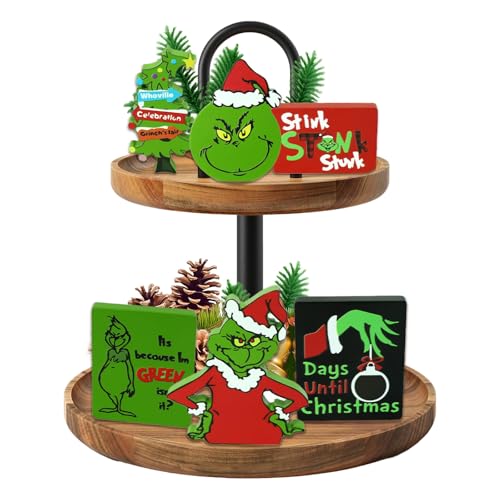 Christmas Tiered Tray Decor Green Tiered Tray Decoration Christmas Tree Wooden Signs Decorations for Farmhouse Home Tabletop Shelf